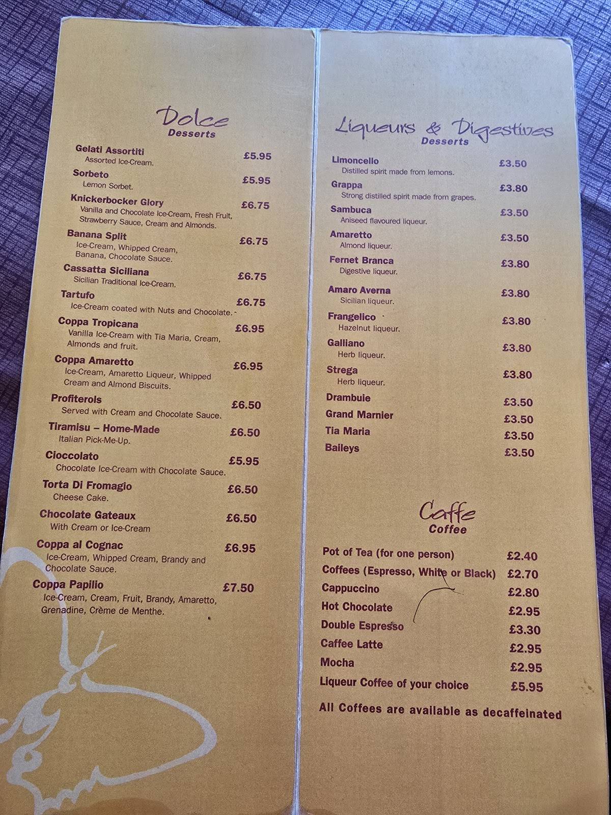 Menu at Papilio restaurant, Edinburgh