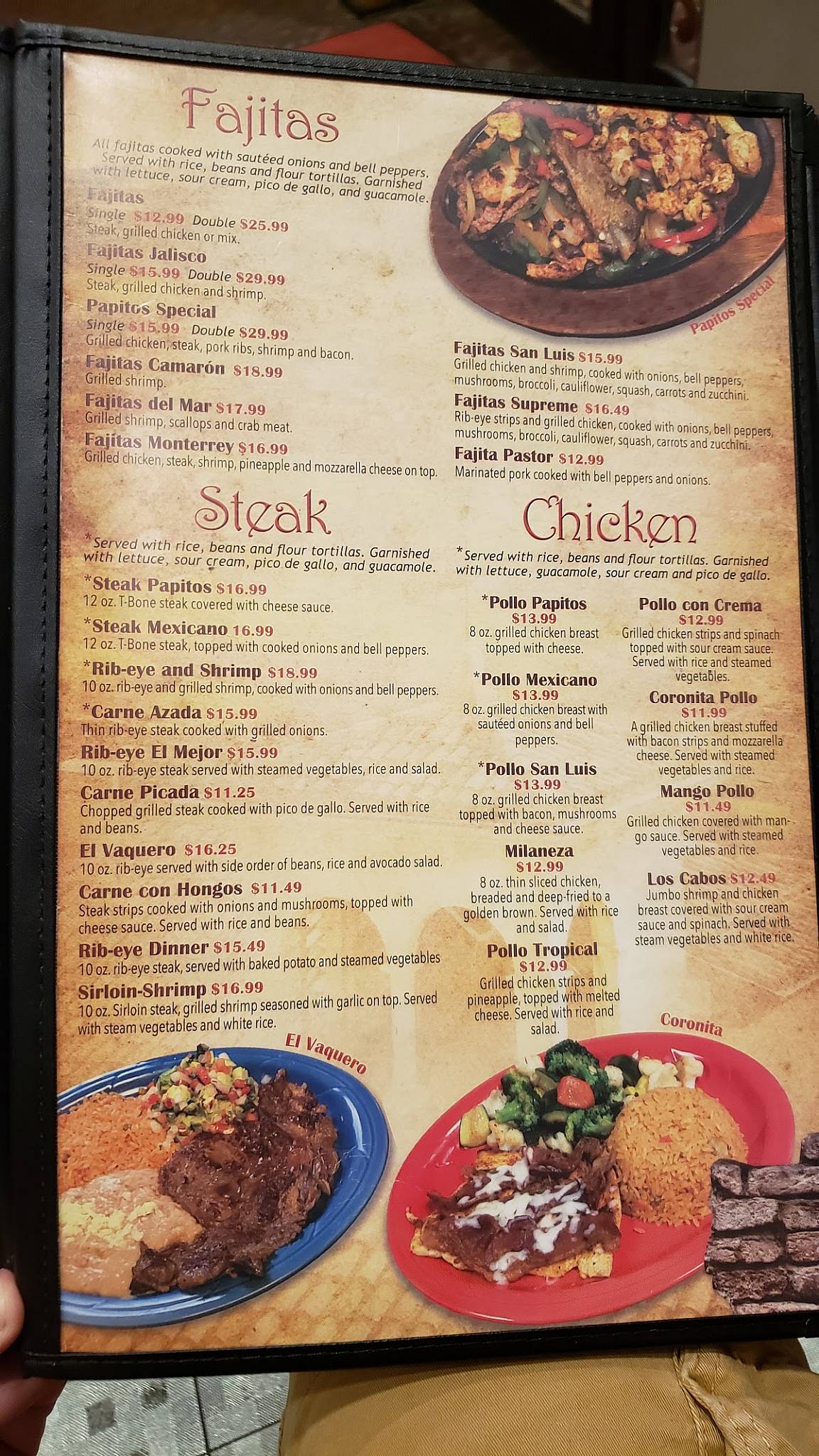 Menu at Papitos restaurant, Jonesboro