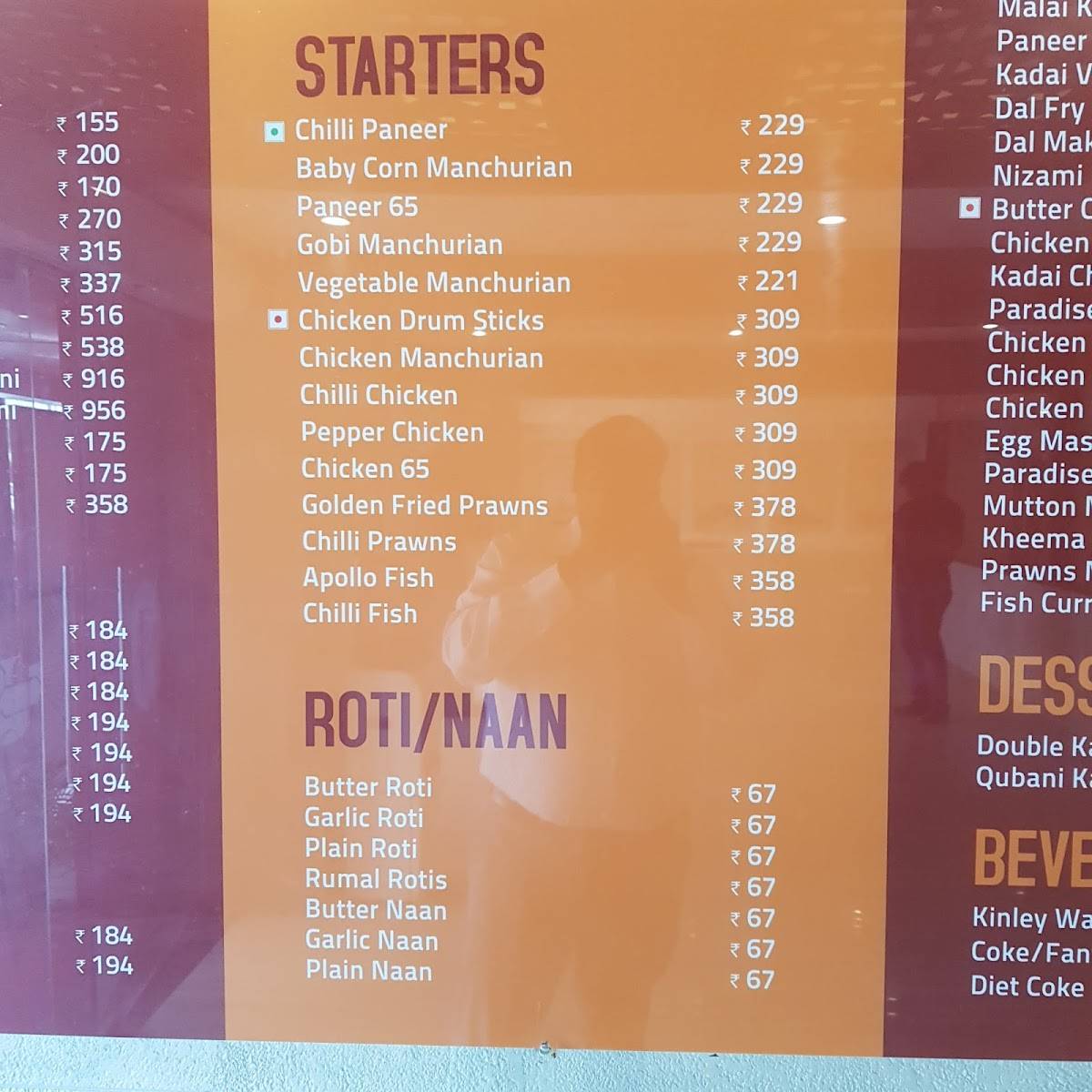 Menu at Paradise Biryani, Chennai, Anjali Devi Towers