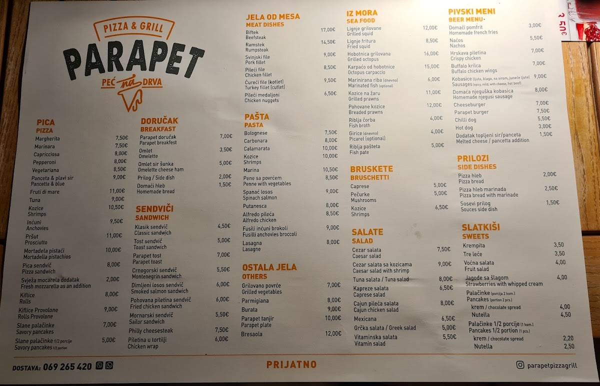 Menu at Parapet Pizza & Grill restaurant, Bar
