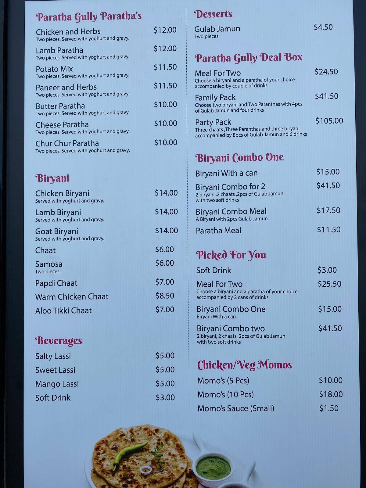 Menu at Paratha Gully restaurant, Hoppers Crossing
