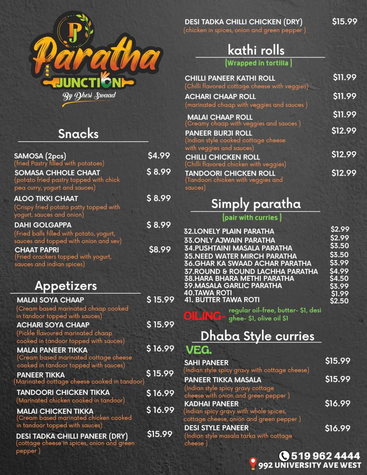 Menu at Paratha Junction restaurant, Windsor