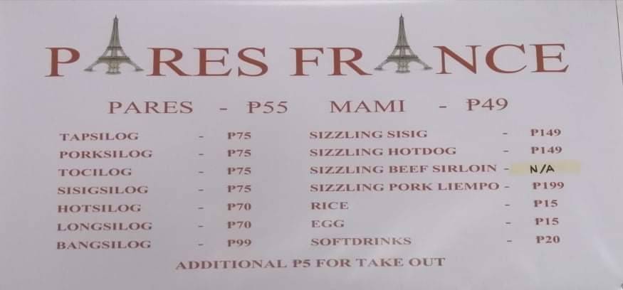 Menu at Pares France restaurant, Parañaque