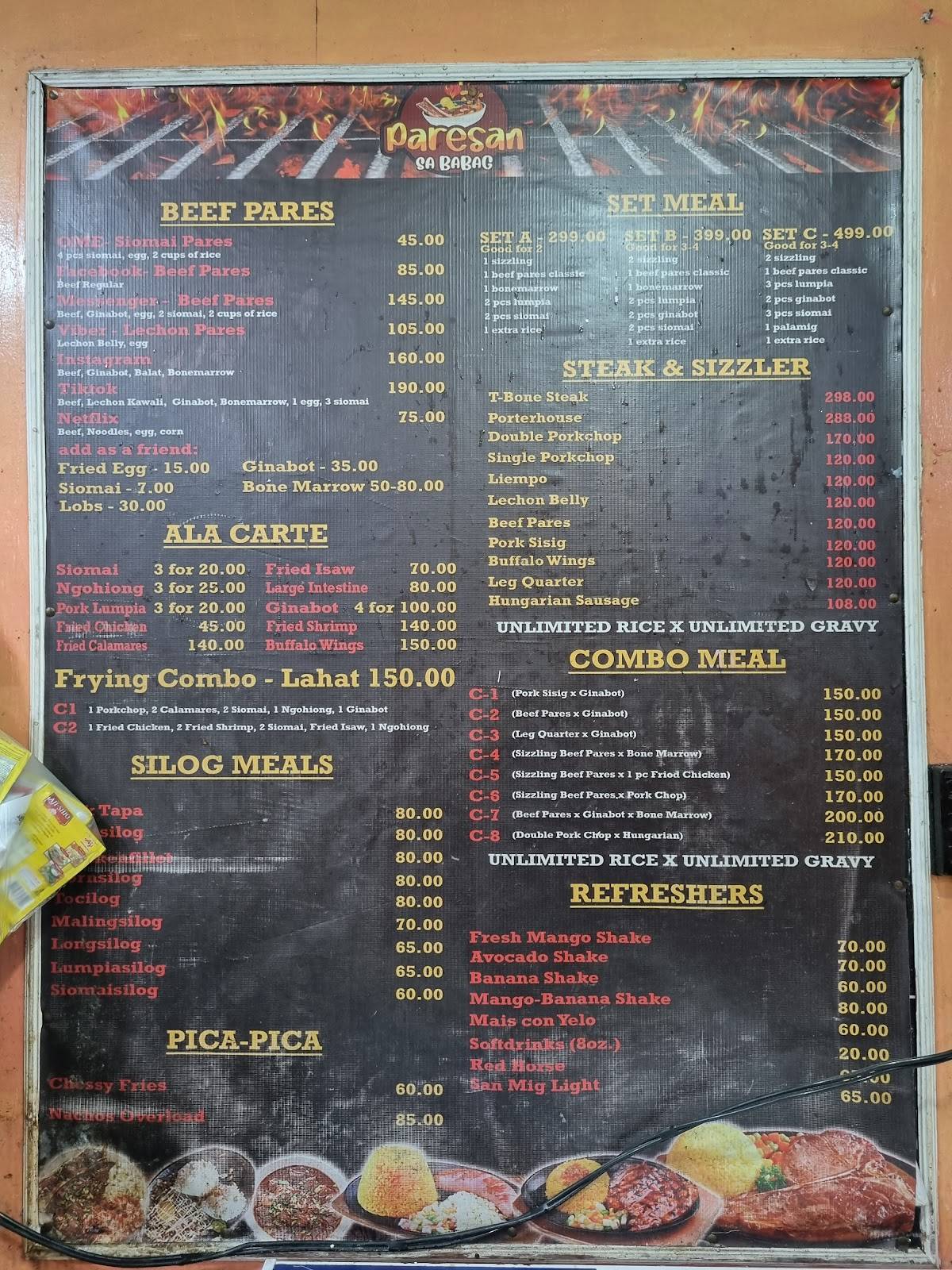 Menu at Paresan sa Babag restaurant, Lapu-Lapu City