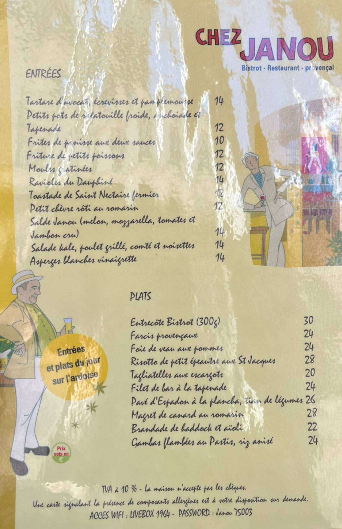 Menu at Chez Janou restaurant, Paris, 2 Rue Roger Verlomme