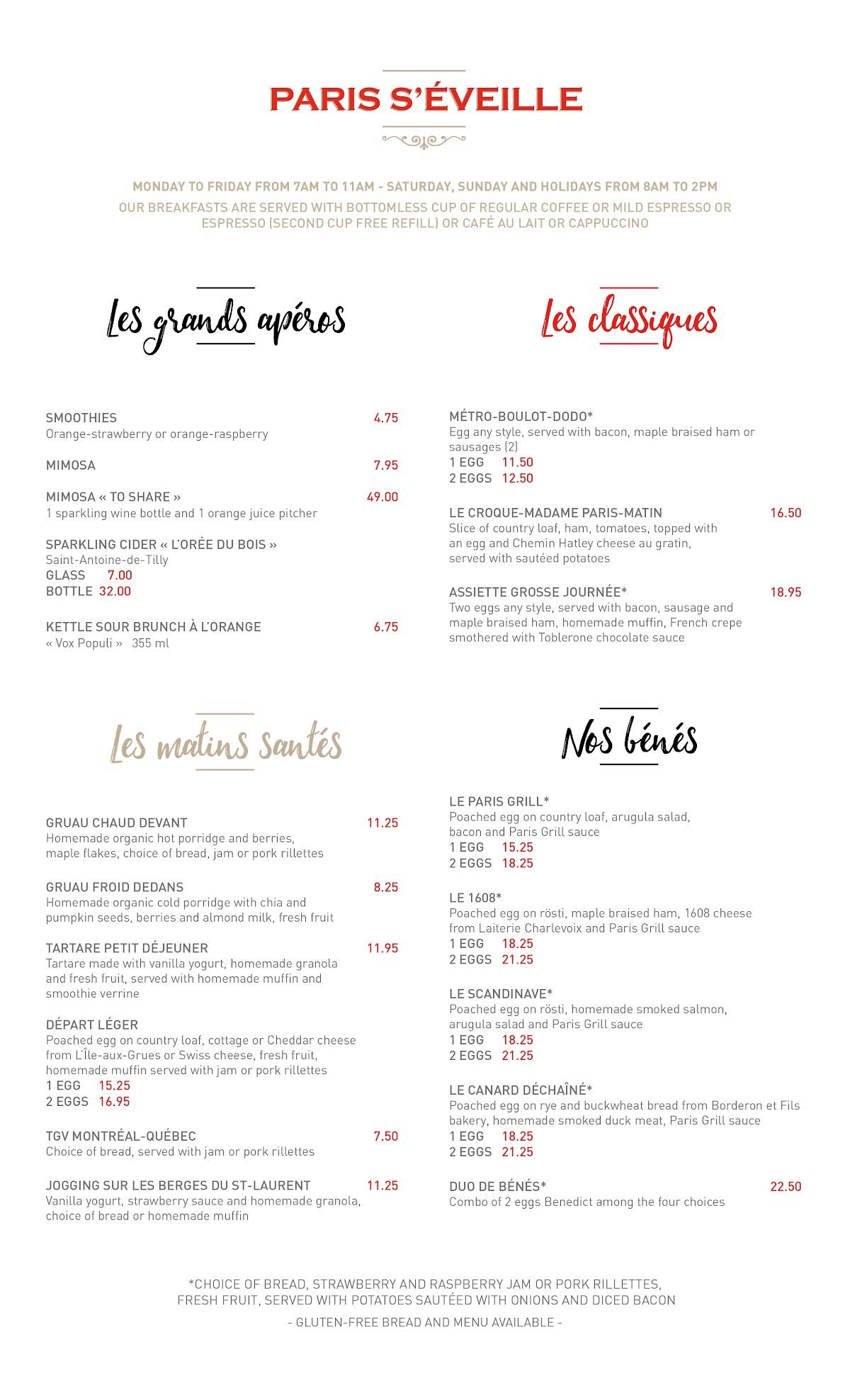 Menu au Paris Grill restaurant à viande, Québec, Bd Laurier