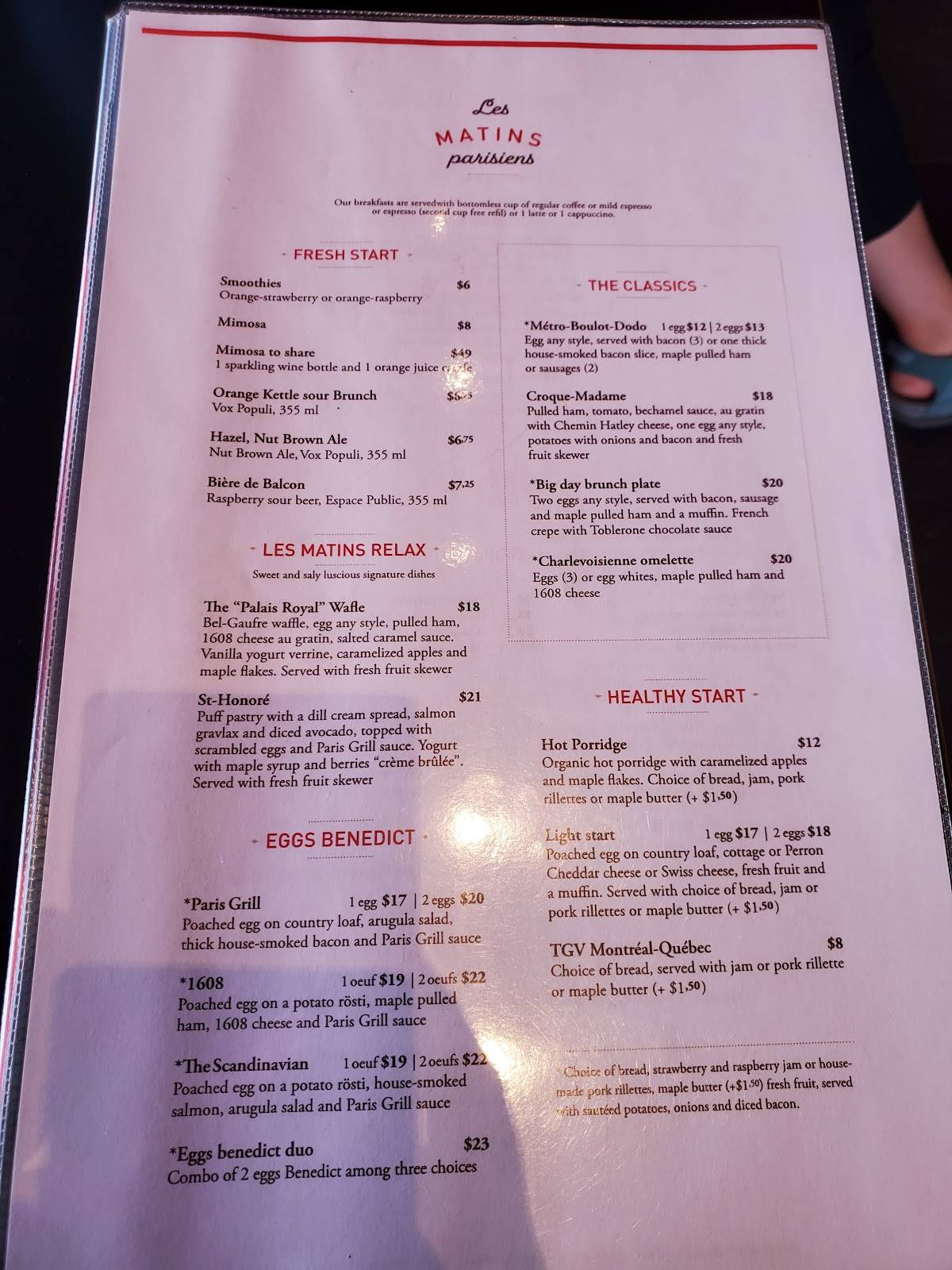 Menu au Paris Grill restaurant à viande, Québec, Bd Laurier