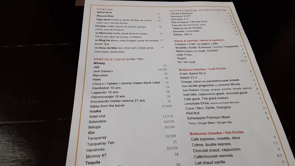 Menu at Le Café Marly, Paris, 93 Rue de Rivoli