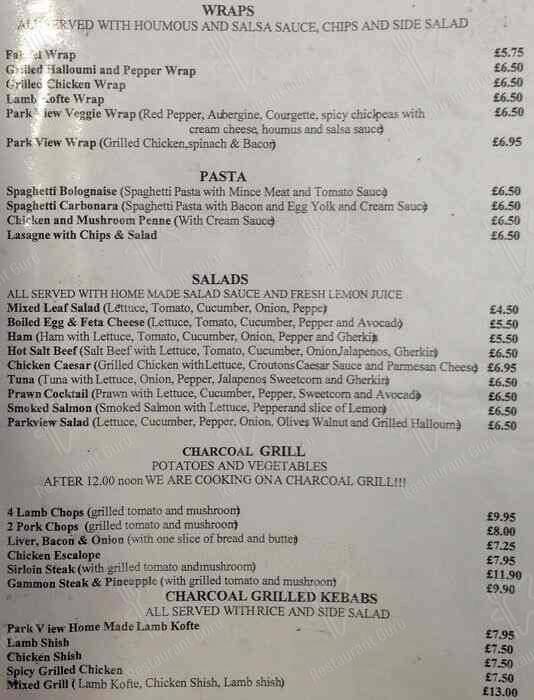 Menu at Park View Cafe, London, Manor House