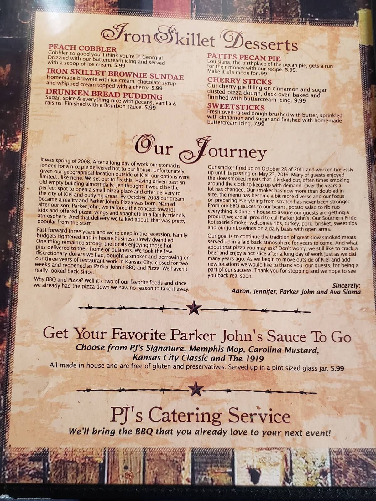 Menu at Parker John's BBQ & Pizza, Menasha
