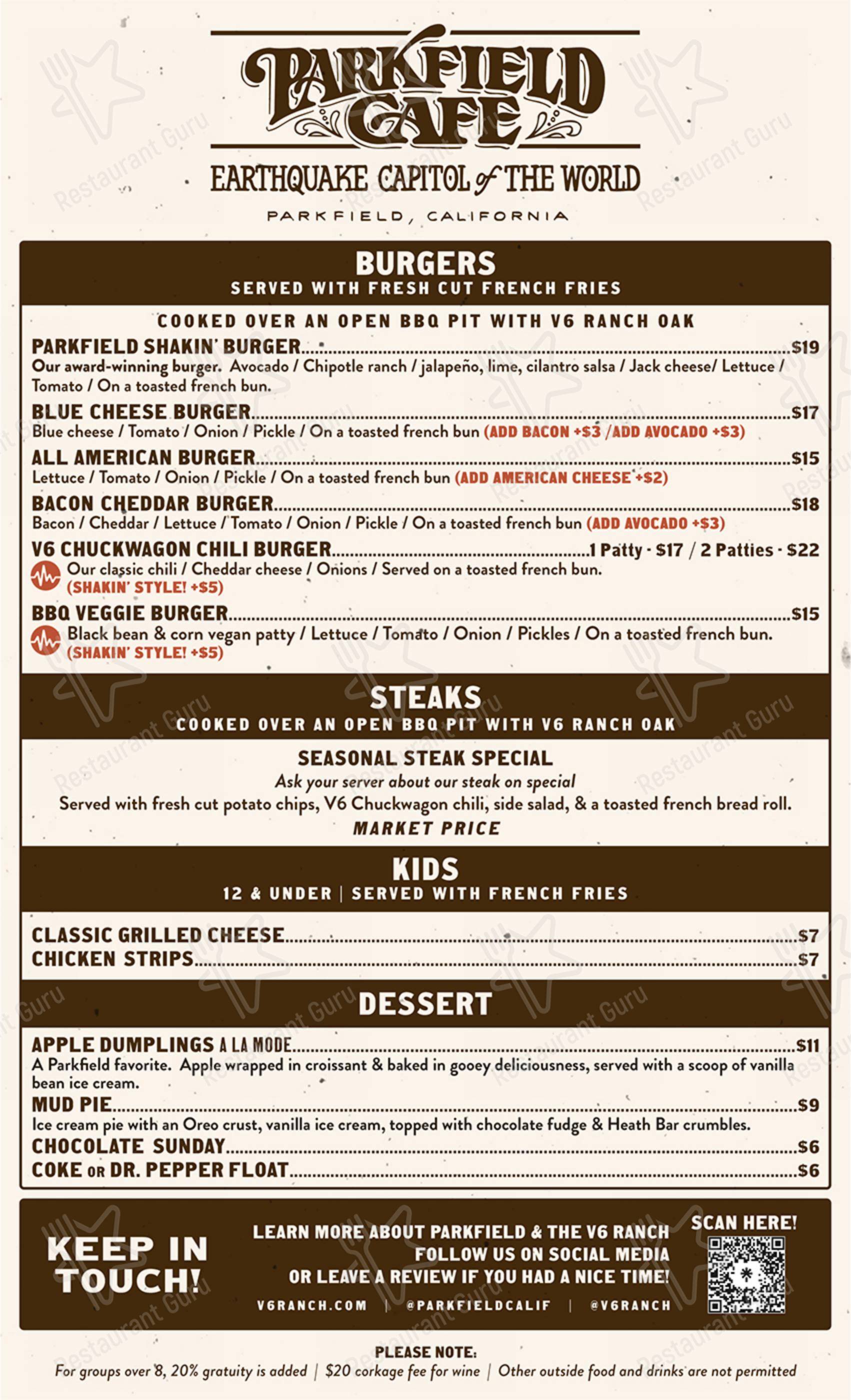 Menu at Parkfield Cafe, Parkfield
