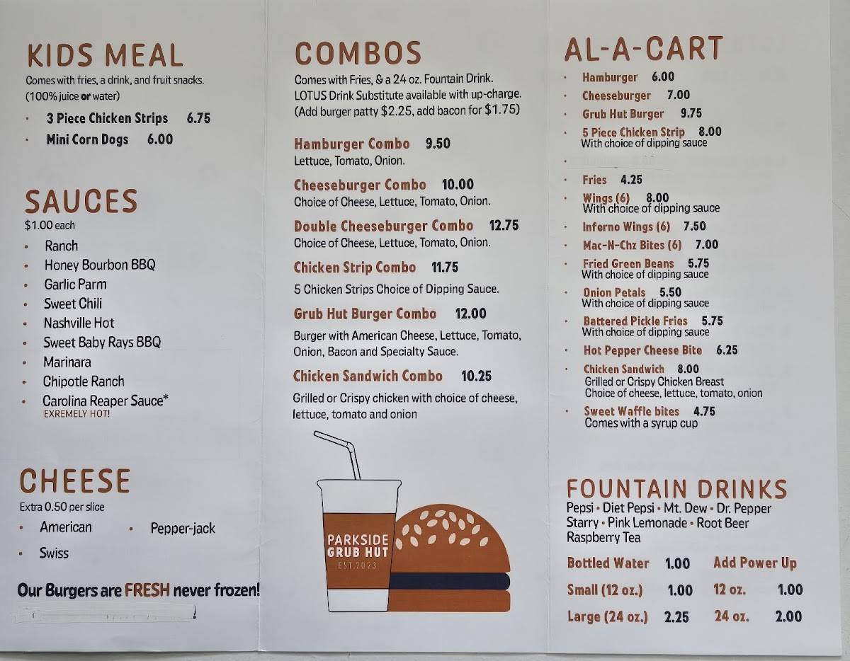 Menu at Parkside Grub Hut restaurant, Riverton
