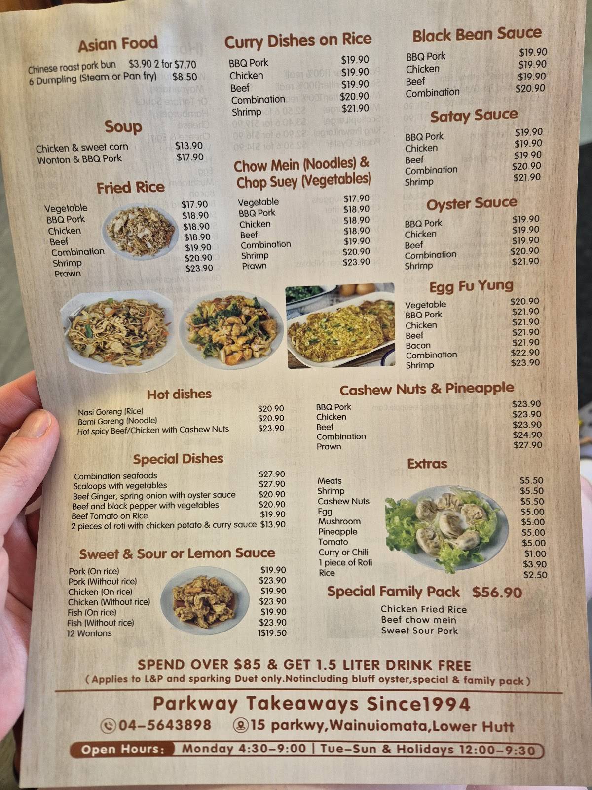 Menu at Parkway Takeaways restaurant, Lower Hutt