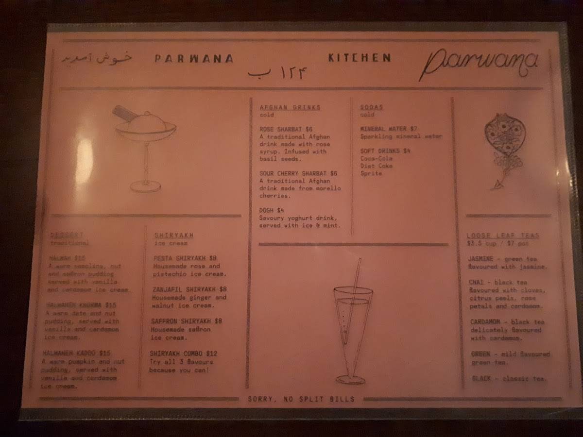 Menu at Parwana Afghan Kitchen restaurant, Torrensville