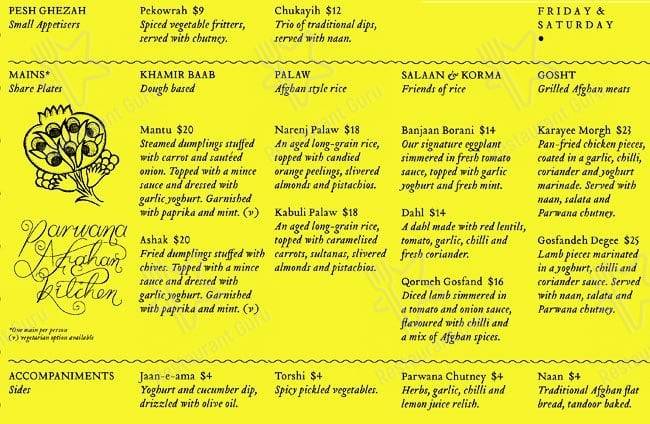 Menu at Parwana Afghan Kitchen restaurant, Torrensville