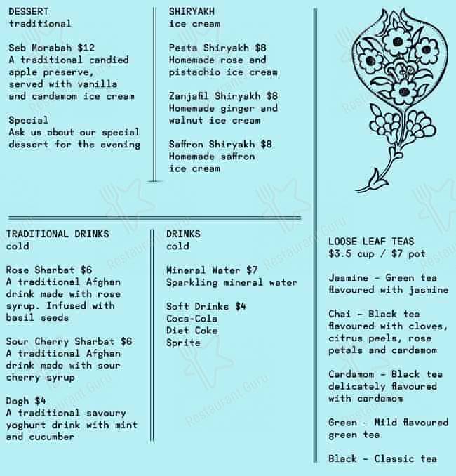 Menu at Parwana Afghan Kitchen restaurant, Torrensville