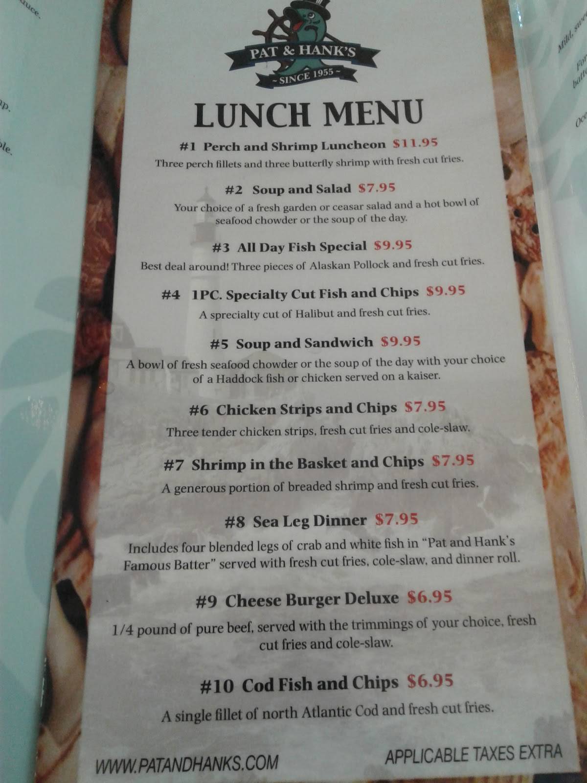 Menu at Pat and Hanks restaurant, Windsor, Tecumseh Rd E