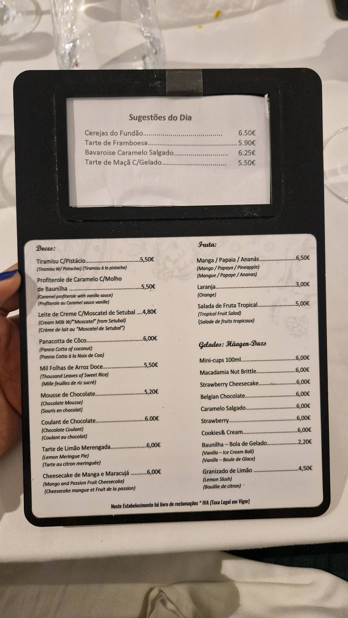 Menu at Pateo 51 restaurant, Lisbon