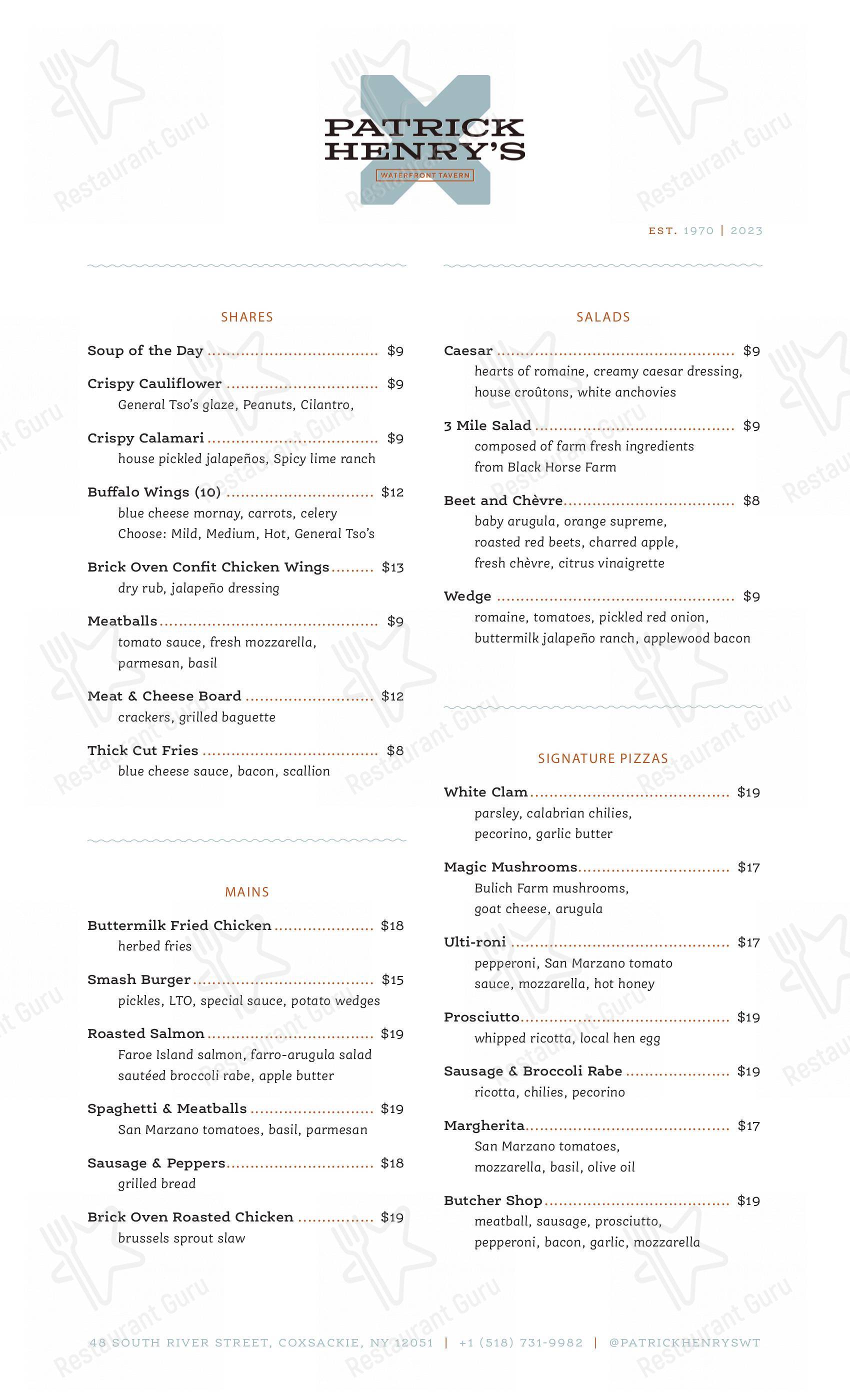 Menu at Patrick Henry's Waterfront Tavern restaurant, Coxsackie