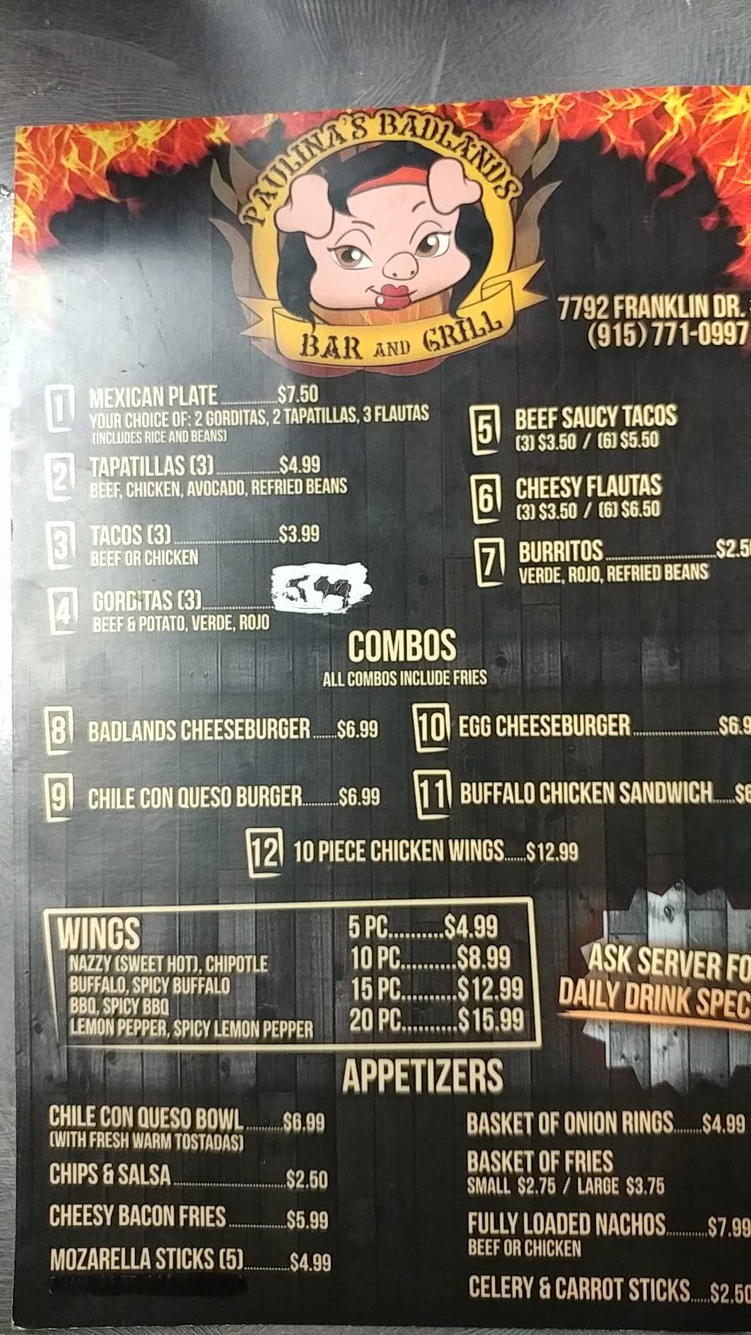 Menu at Paulinas Badlands Bar and Grill, El Paso