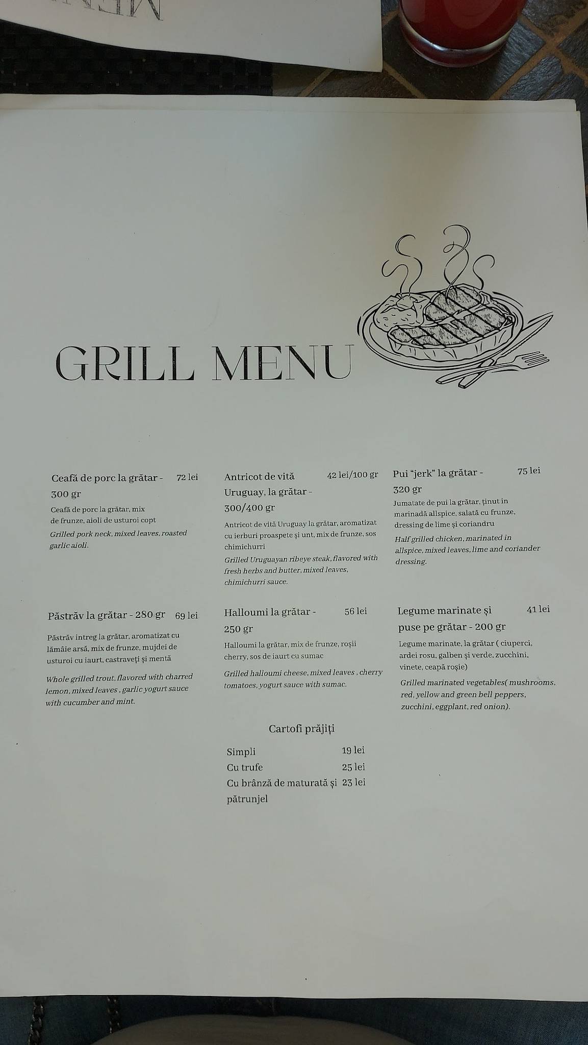 Menu at Roca Brună, Păuliș
