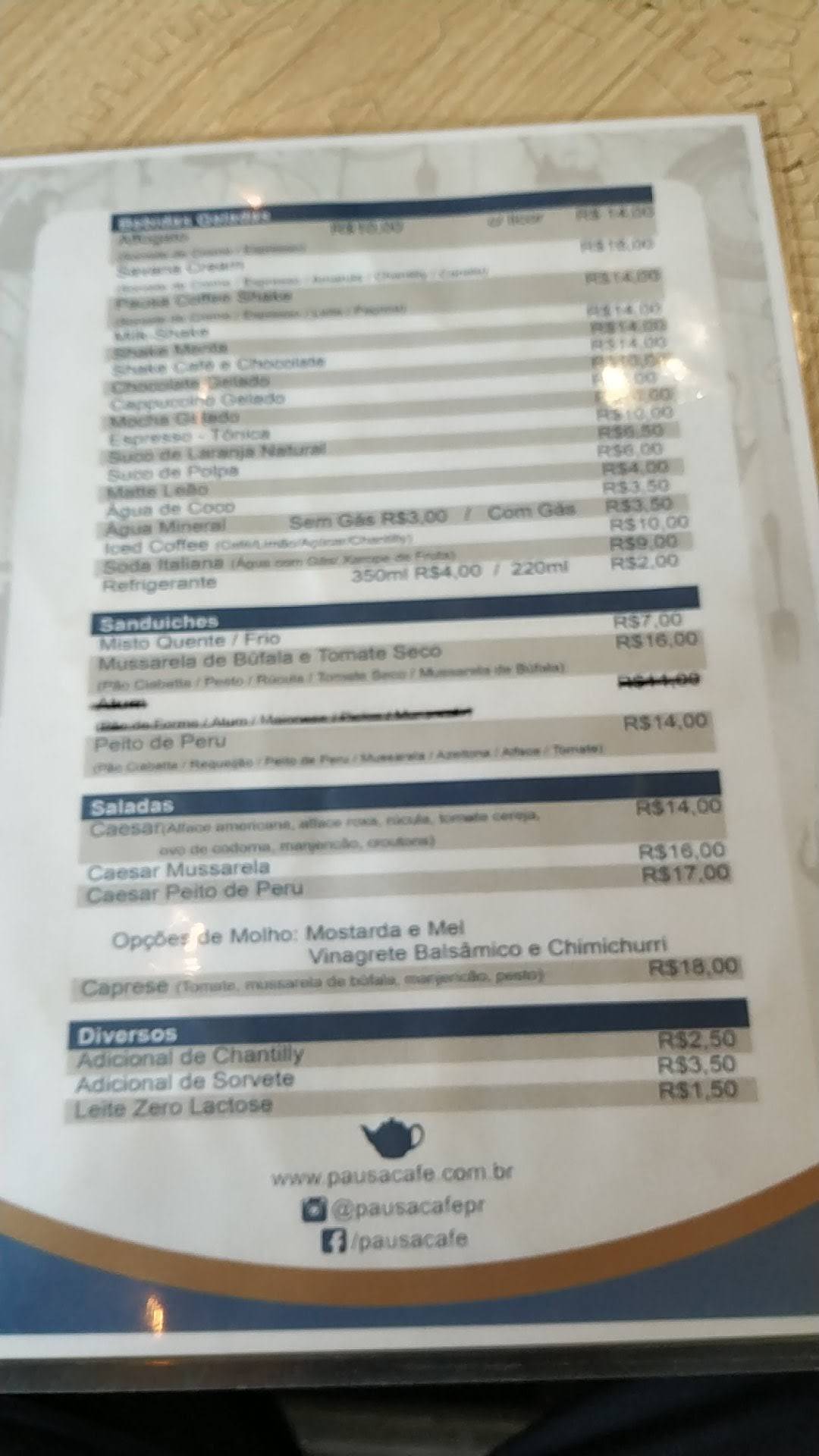 Menu at Pausa Café, Curitiba, R. Conselheiro Araújo