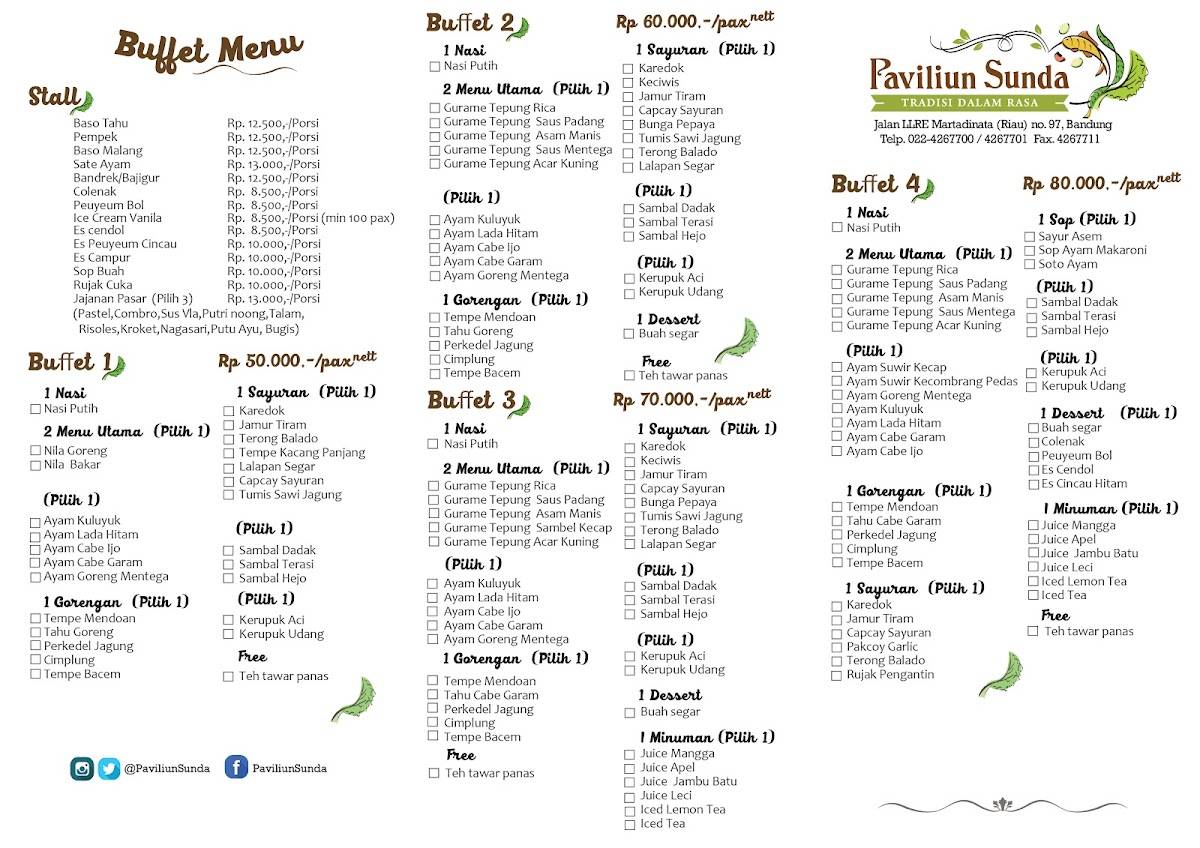 Menu at Paviliun Sunda restaurant, Bandung