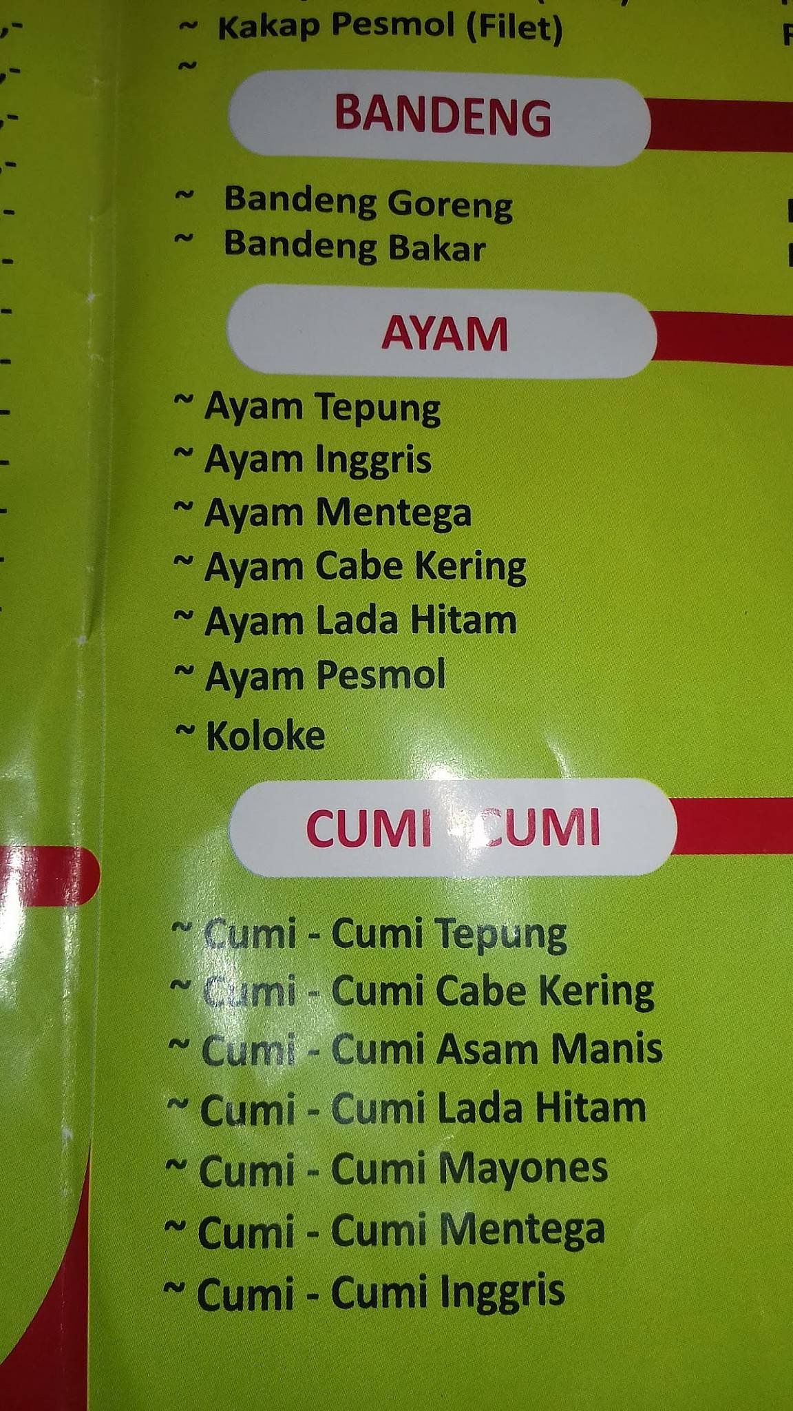 Menu at Pawon Ndeso restaurant, Surabaya, Jl. Raya Sememi No.44-46