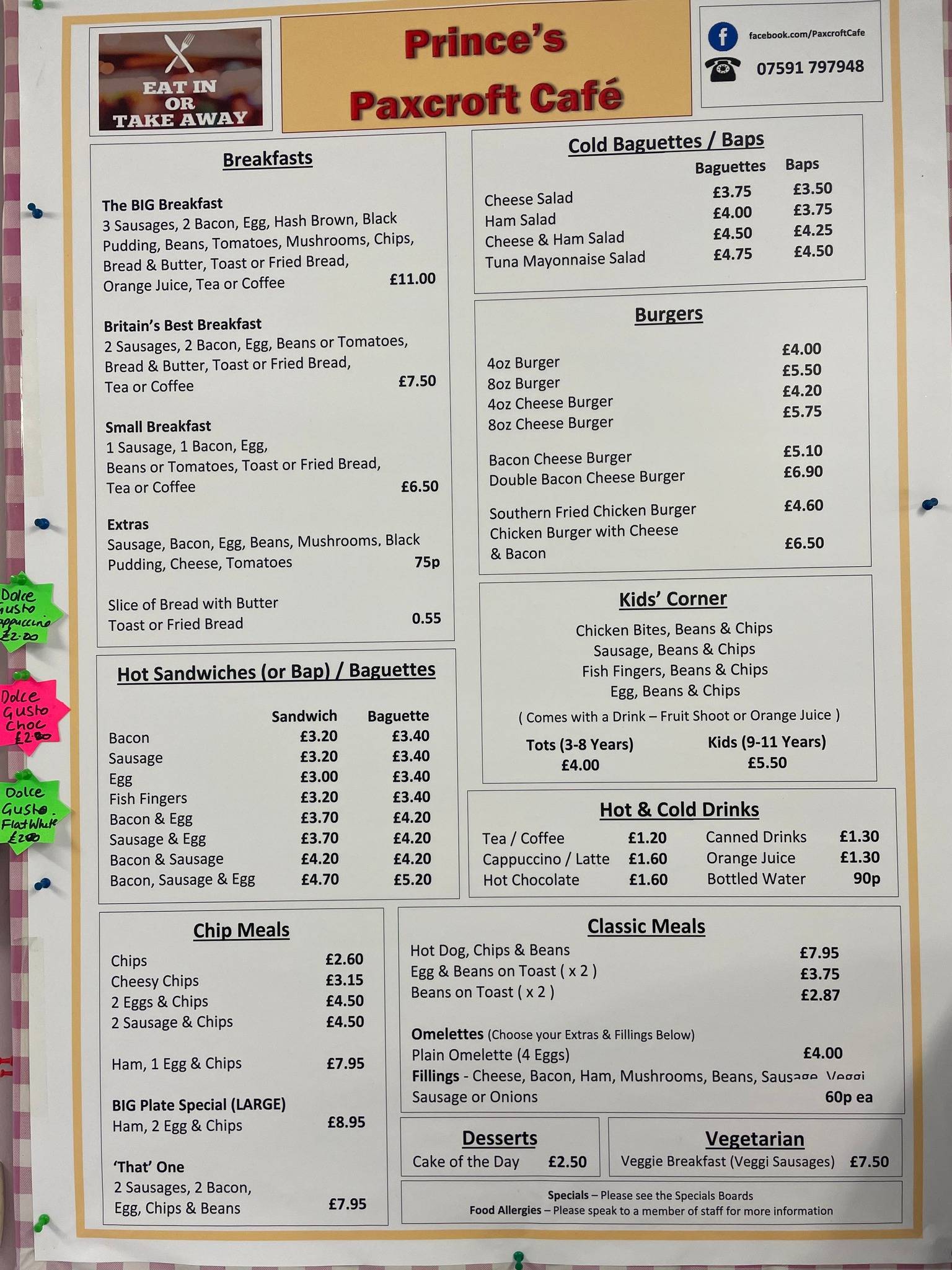 Menu at Paxcroft Cafe, Trowbridge
