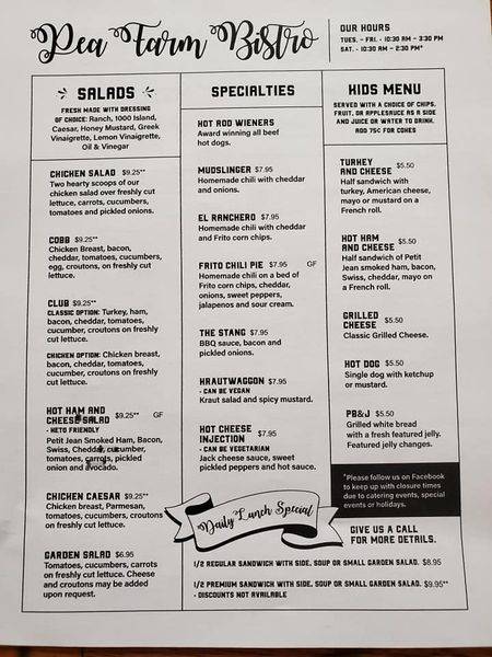 Menu at Pea Farm Bistro cafe, Cabot