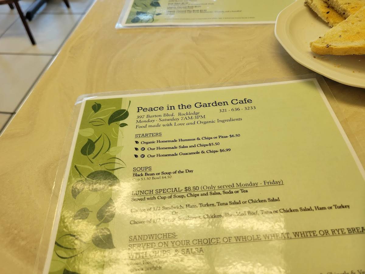 Menu at Peace In the Garden Cafe, Rockledge, 397 Barton Blvd