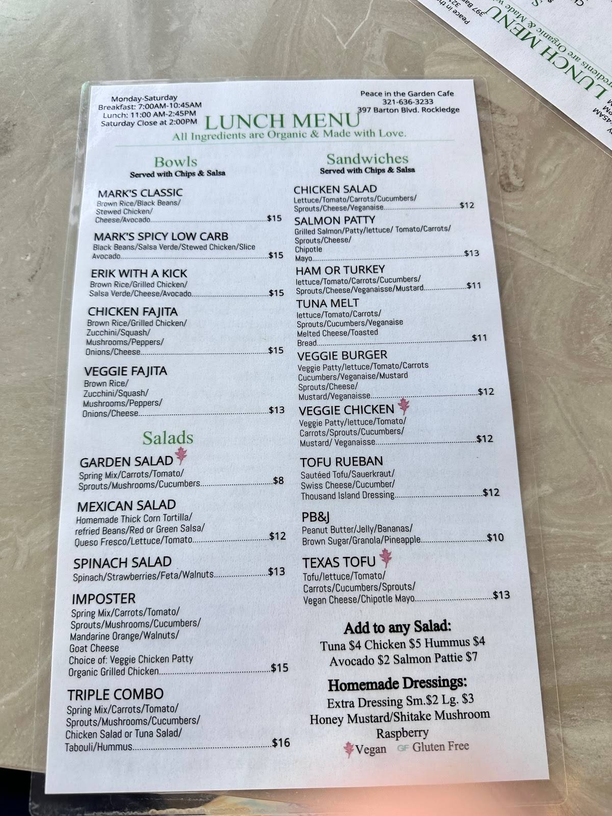 Menu at Peace In the Garden Cafe, Rockledge, 397 Barton Blvd