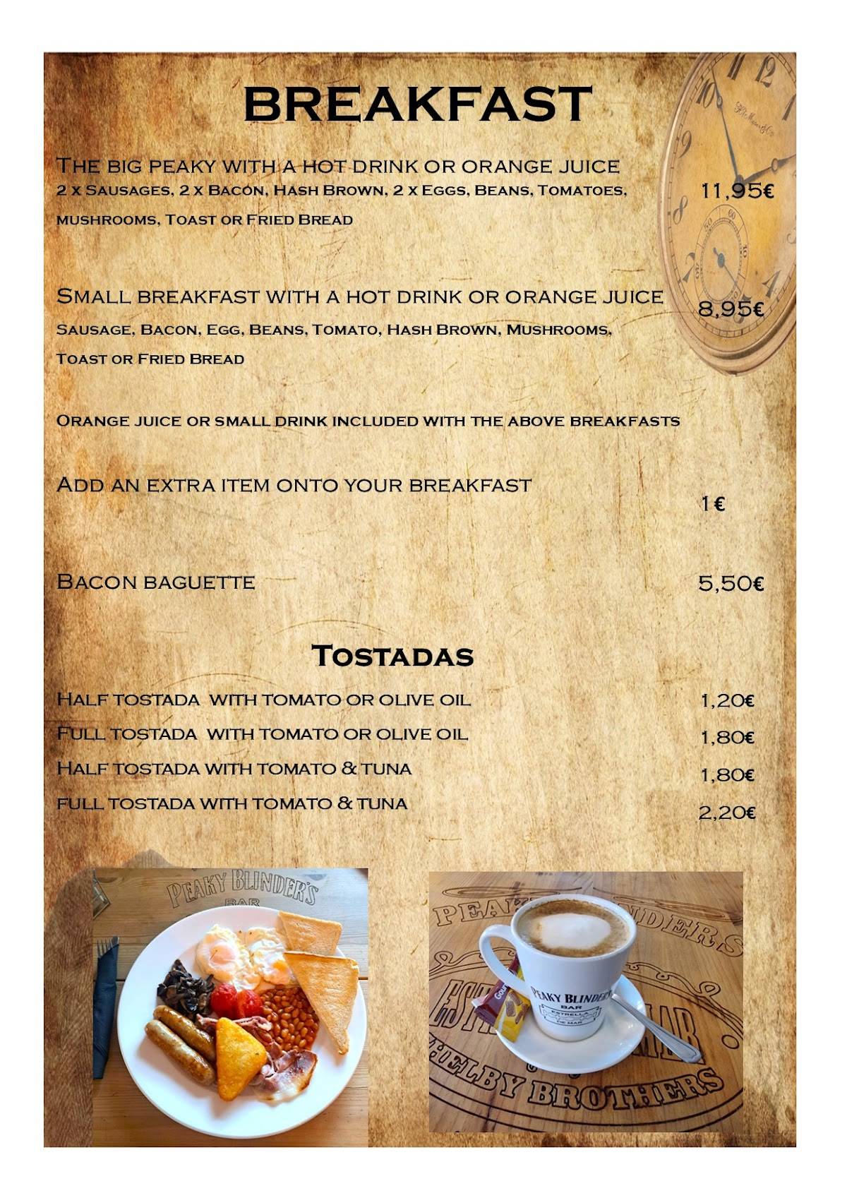 Carta del restaurante Peaky Blinders, Los Urrutias