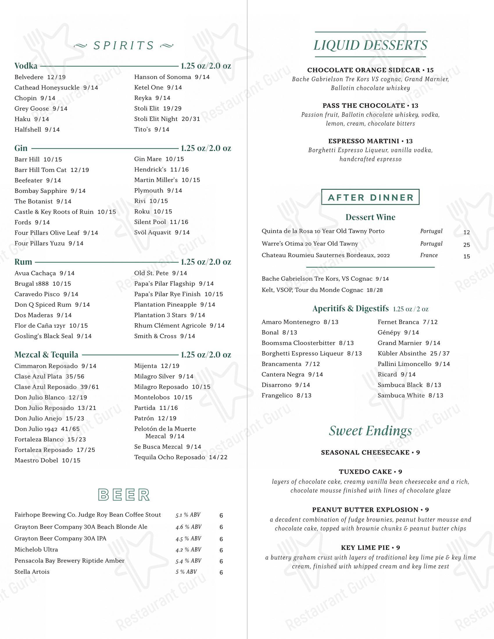 Menu at Pearl & Horn restaurant, Pensacola