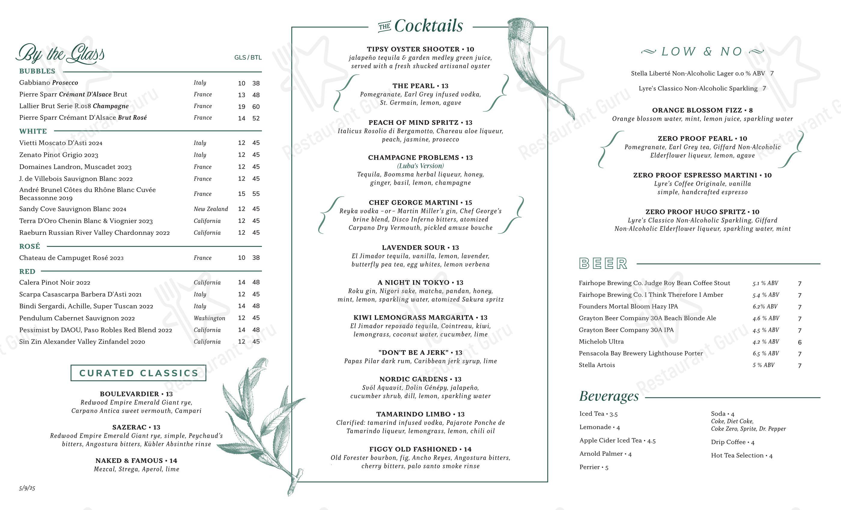 Menu at Pearl & Horn restaurant, Pensacola