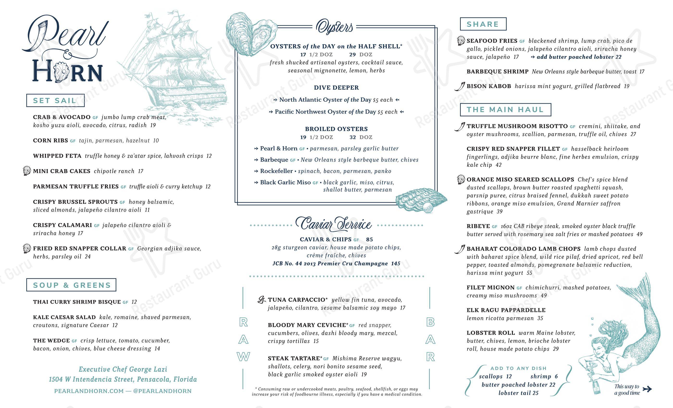 Menu at Pearl & Horn restaurant, Pensacola