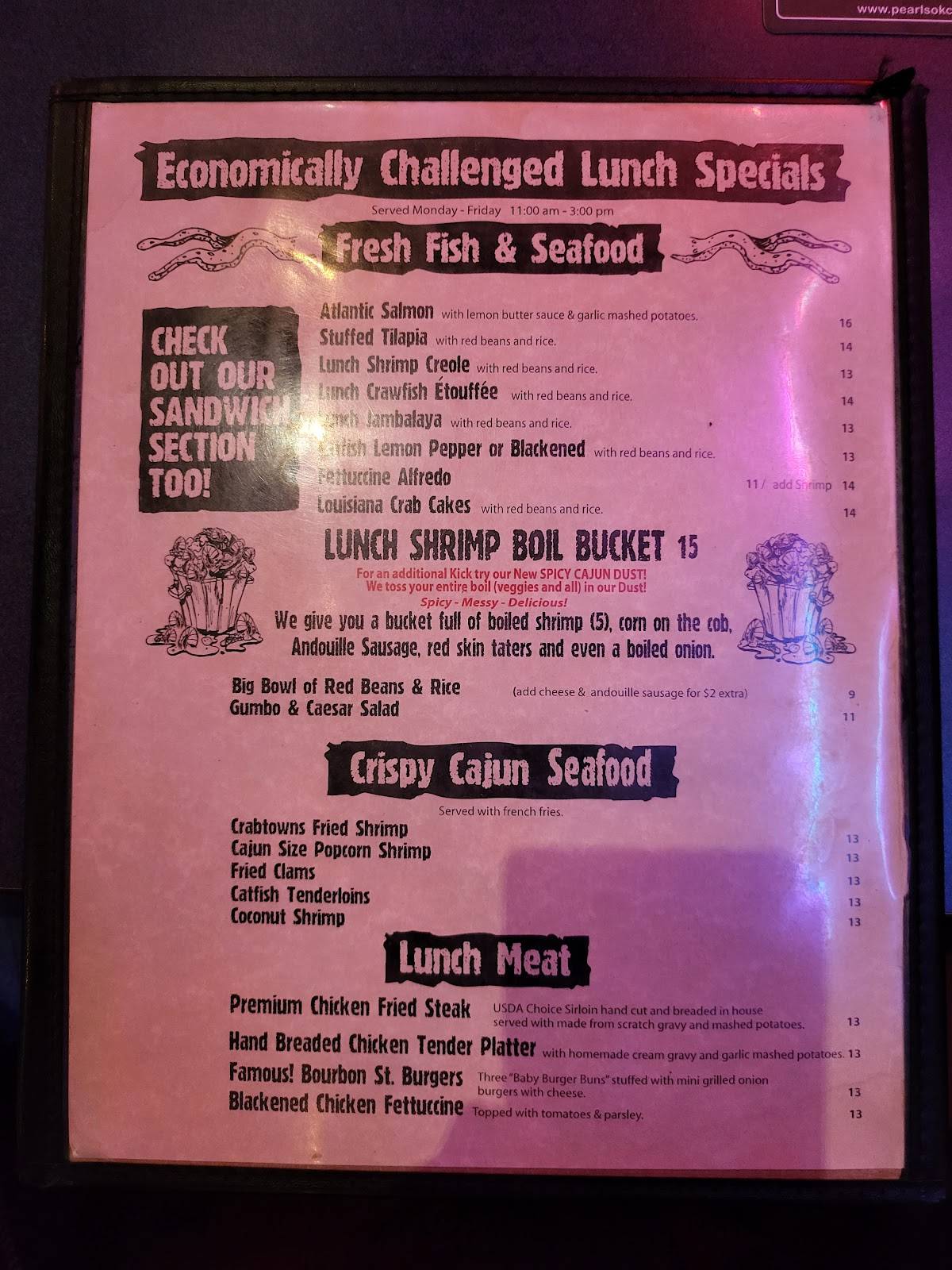 Menu at Pearl's Crabtown restaurant, Oklahoma City