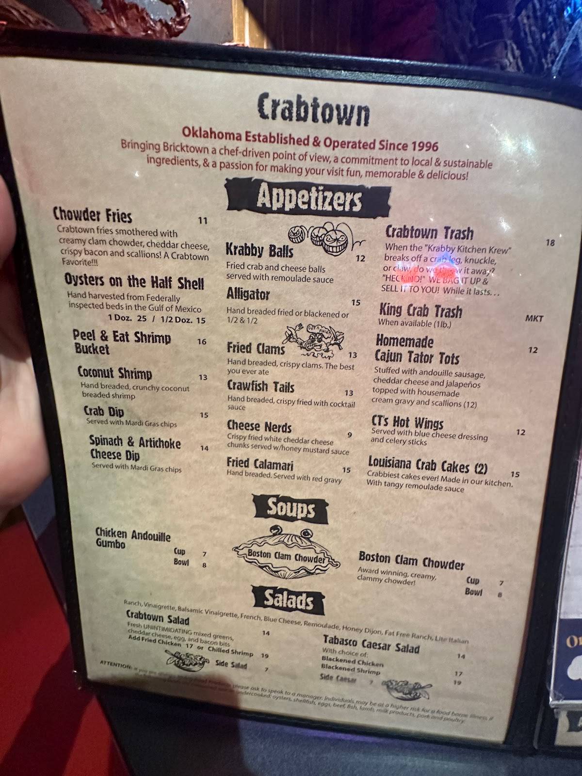 Menu at Pearl's Crabtown restaurant, Oklahoma City