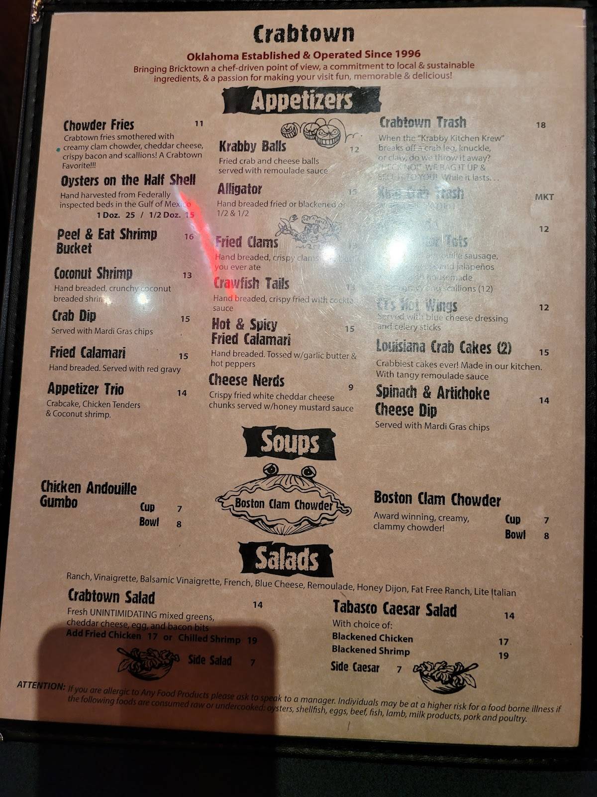 Menu at Pearl's Crabtown restaurant, Oklahoma City