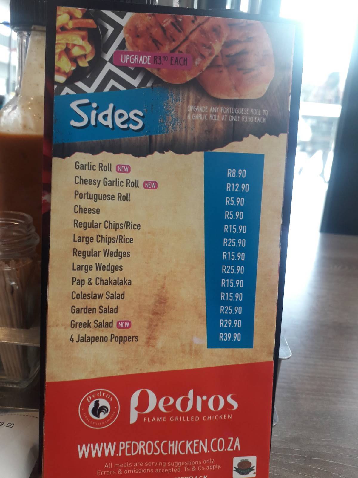 Menu at Pedros Woodburn restaurant, Pietermaritzburg