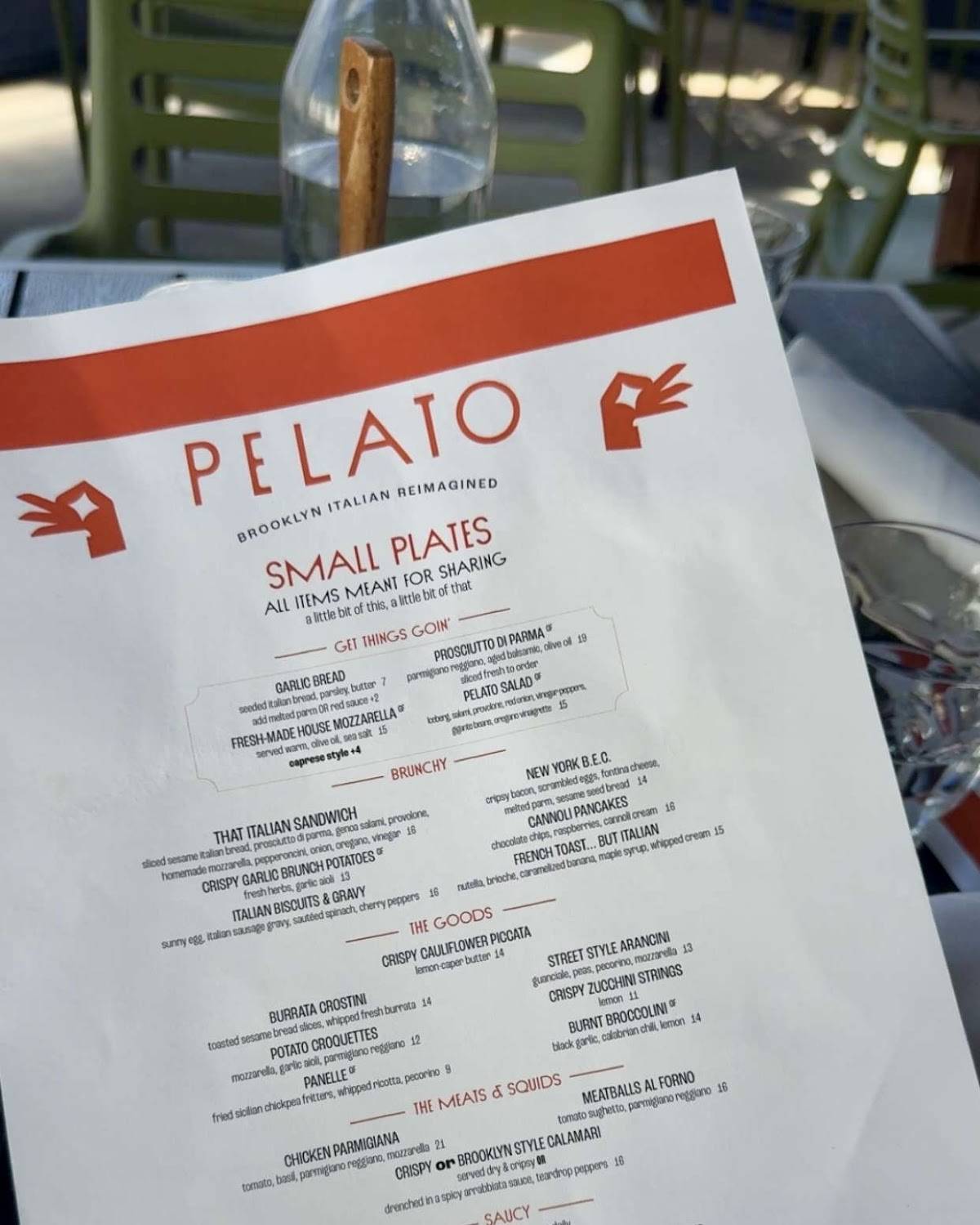 Menu at Pelato restaurant, Nashville