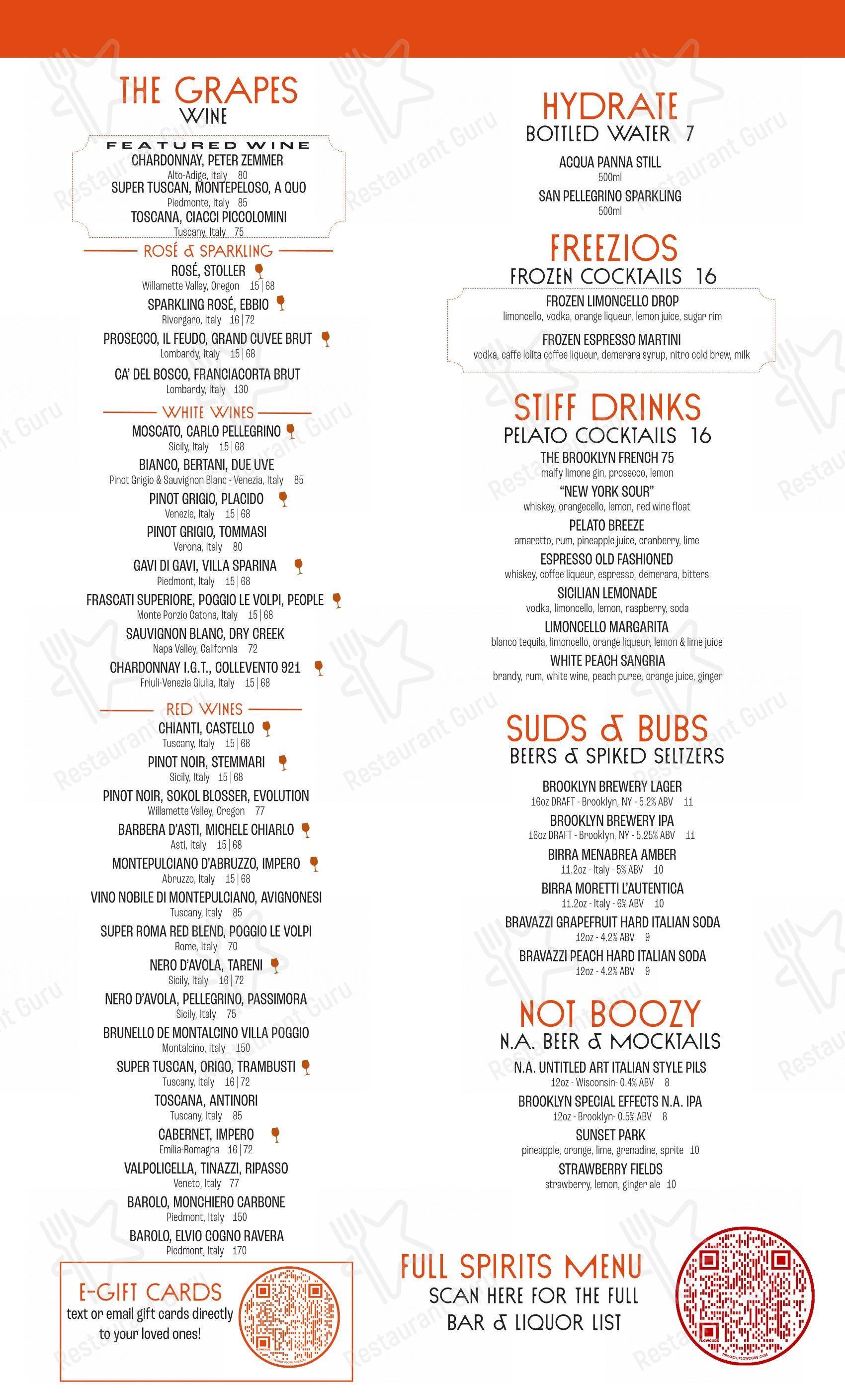 Menu at Pelato restaurant, Nashville