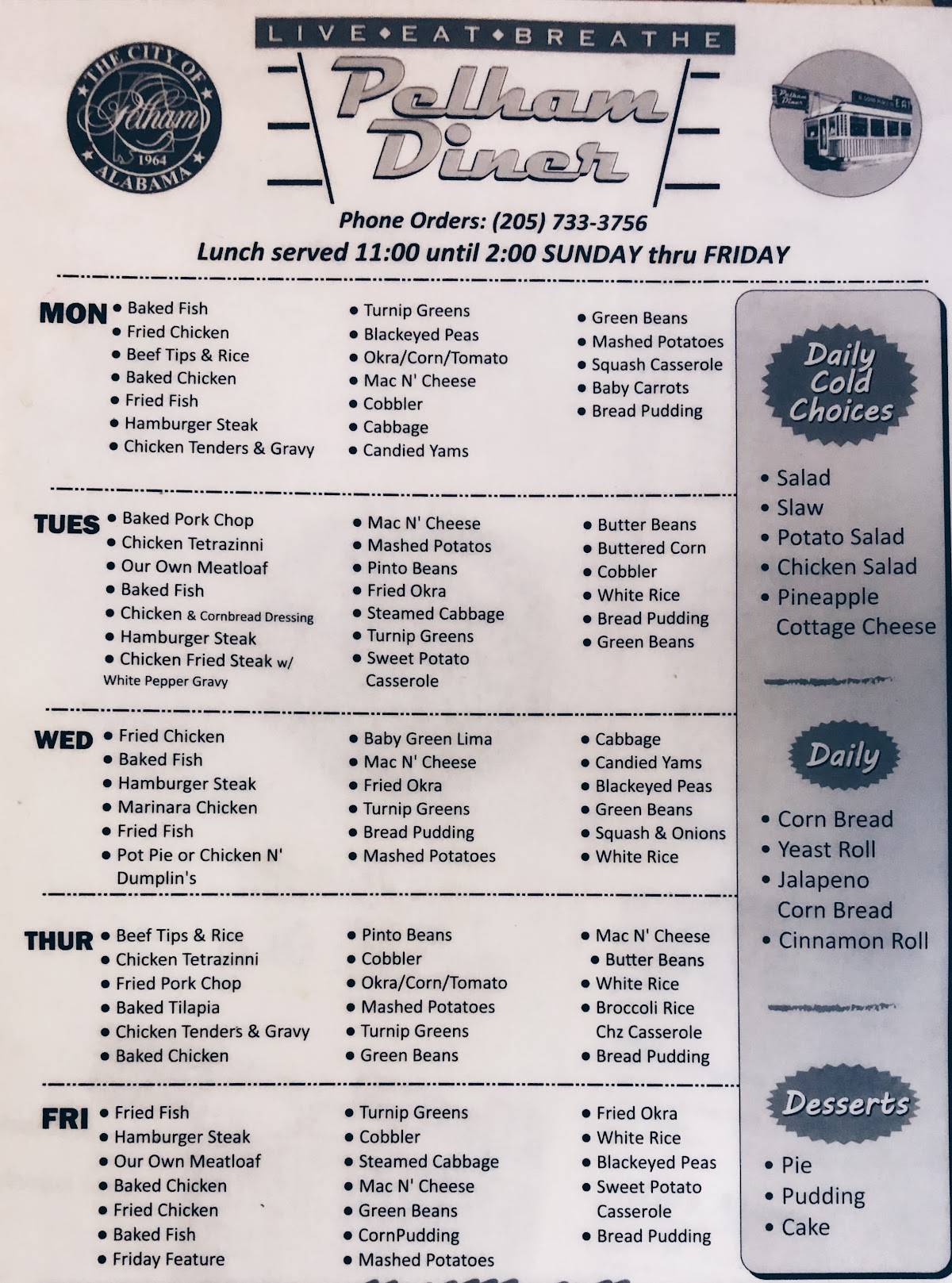 Menu at Pelham Diner restaurant, Pelham