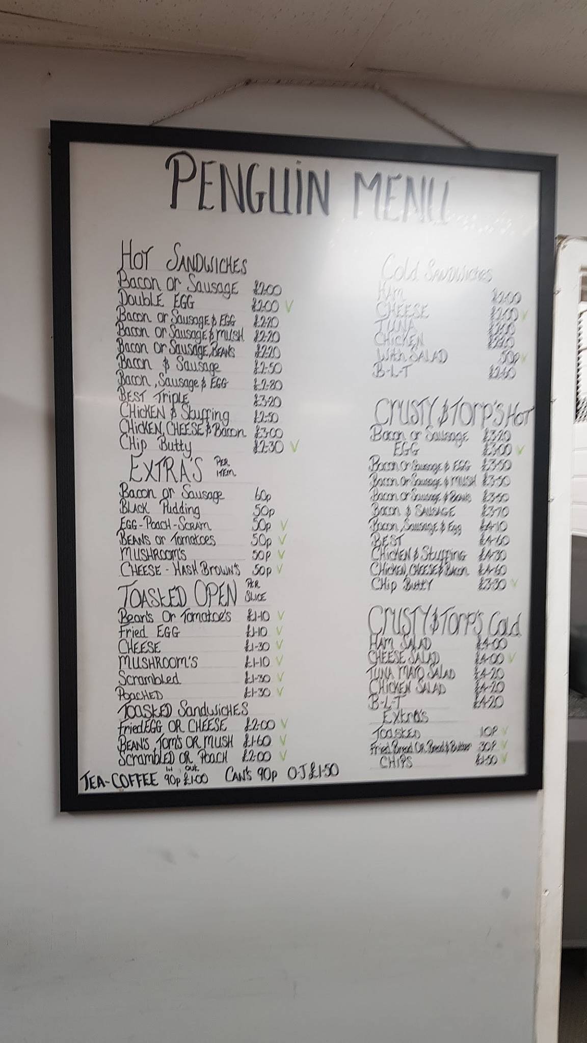 Menu at Penguin cafe, Walsall