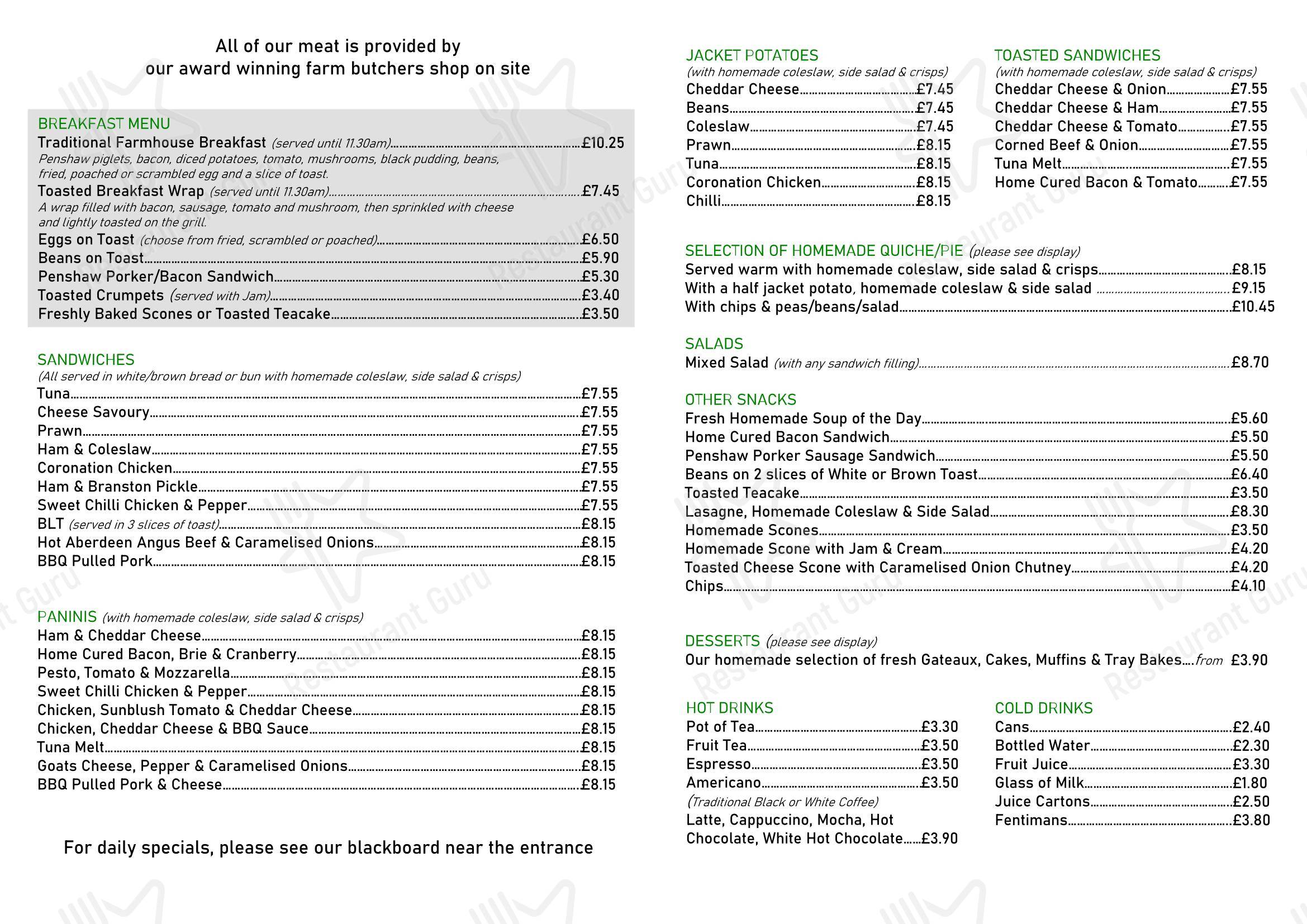Menu at Penshaw Farm Shop cafe, Houghton le Spring