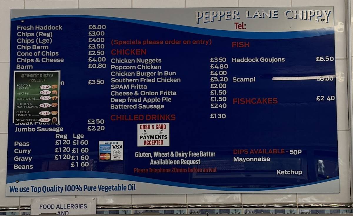 Menu at Pepper Lane Chippy fast food, Wigan