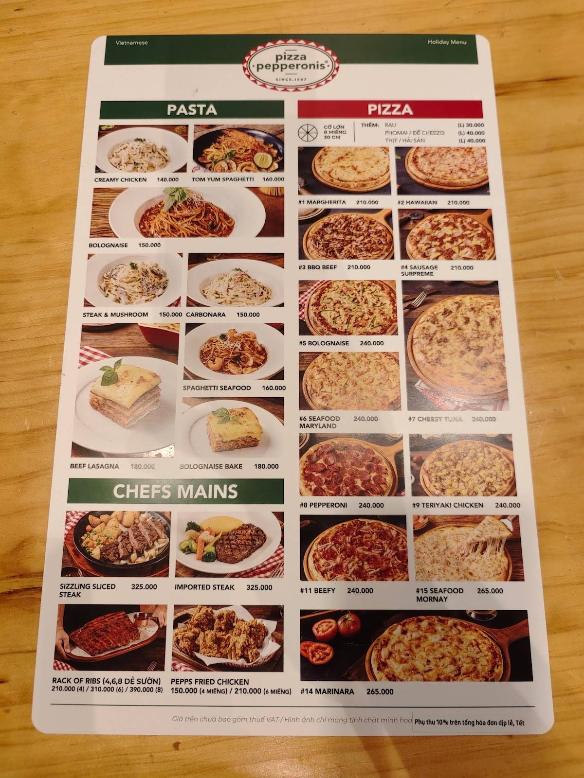 Menu at Pepperonis Láng Hạ restaurant, Hanoi