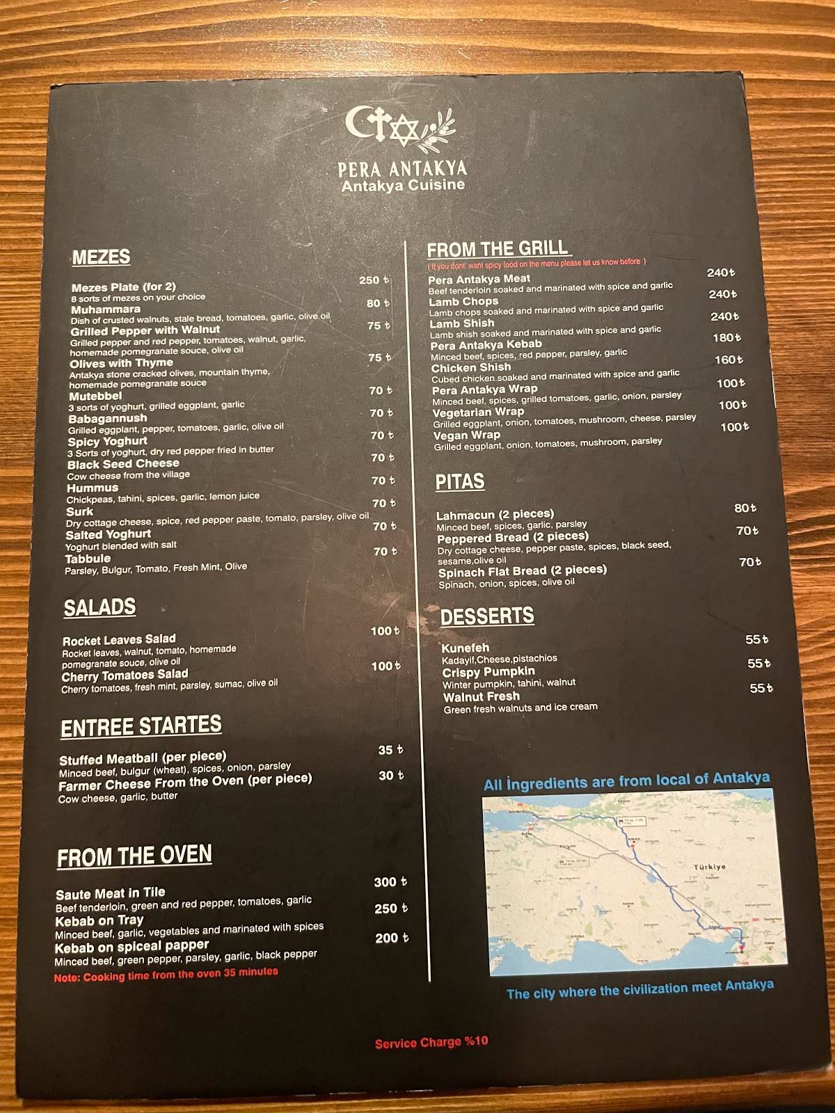 Menu at Pera Antakya, Istanbul