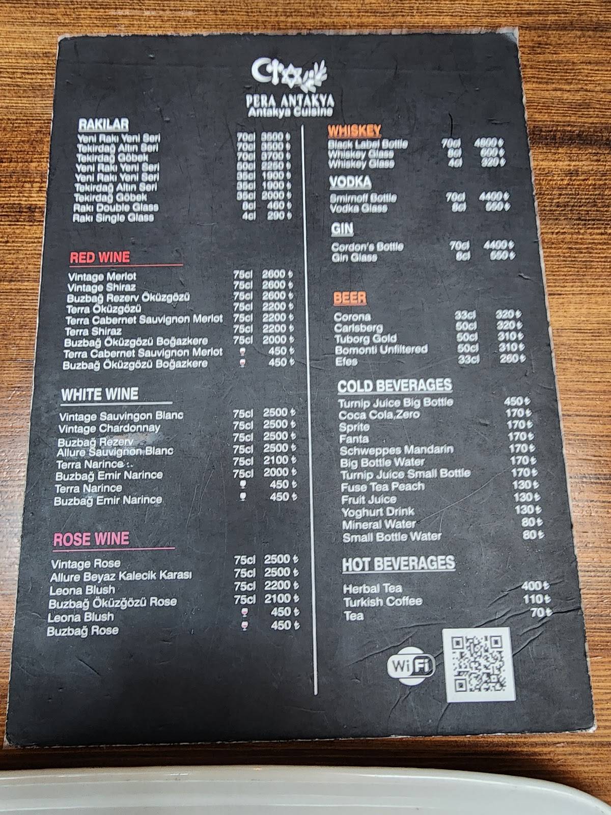 Menu at Pera Antakya restaurant, Istanbul