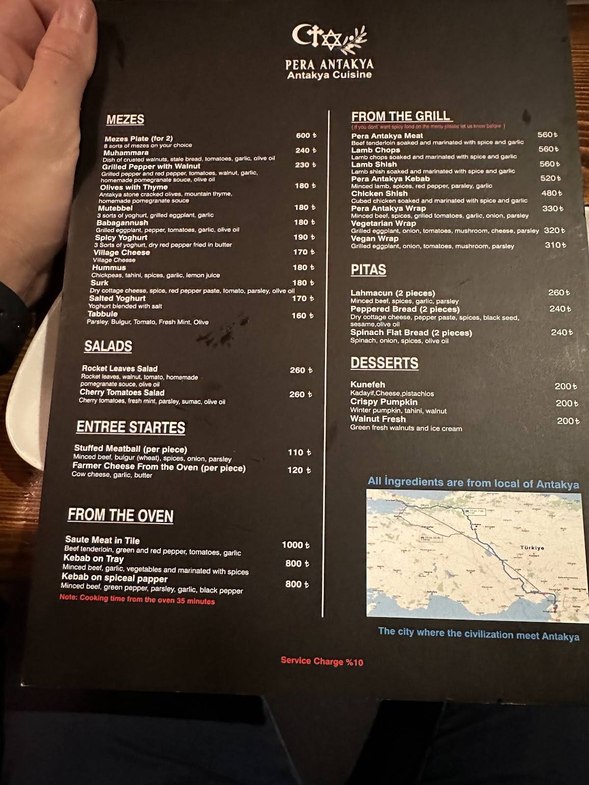 Menu at Pera Antakya, Istanbul